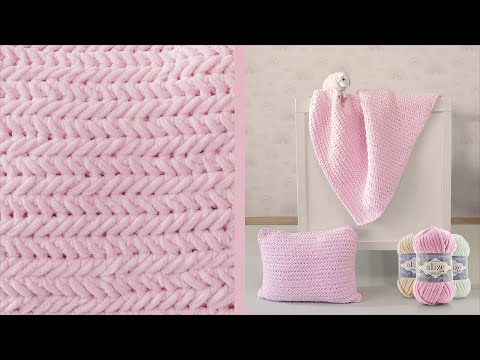 Alize Velluto ile Balıksırtı Battaniye • Herringbone Blanket • Одеяло из узора «рыбий хребет»