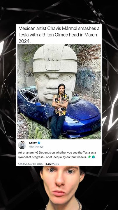 Artist Chavis Mármol smashes a Tesla with a 9-ton Olmec - YouTube