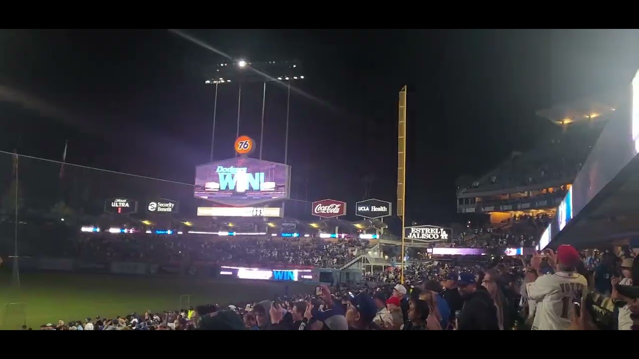 Los Angeles Dodgers win baseball 1st base field seats view - YouTube