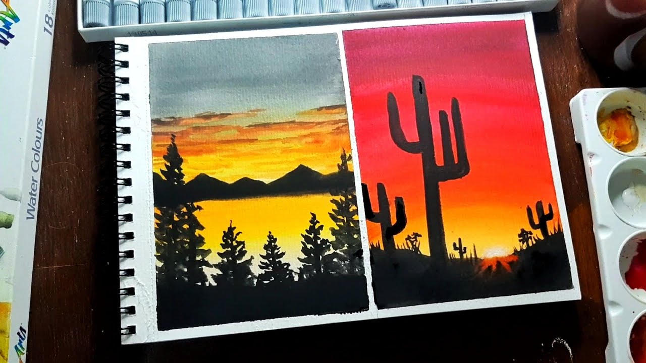 2 Ide Lukisan Cat Air Gradasi Estetik Pemandangan Sunset | Gampang ...