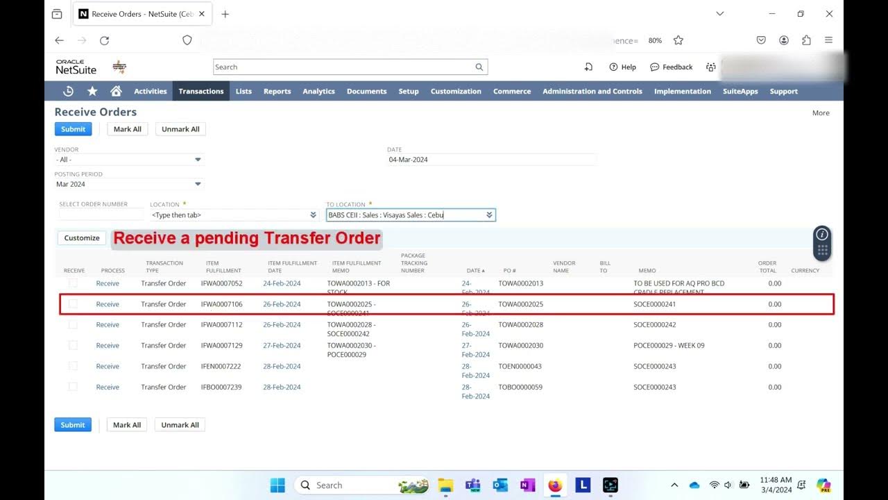 NetSuite : Change "To Location" on Receiving Orders - YouTube