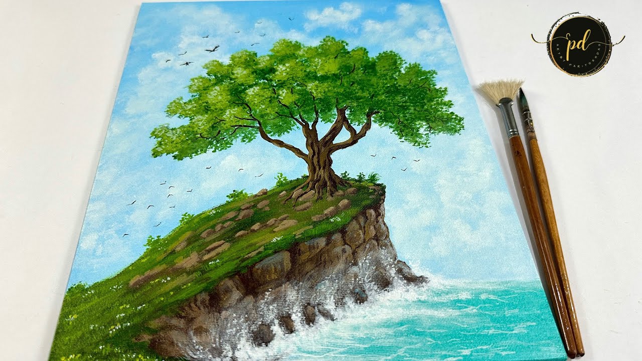 A tree on the top of a cliff overlooking the ocean/ ACRYLIC PAINTING ...