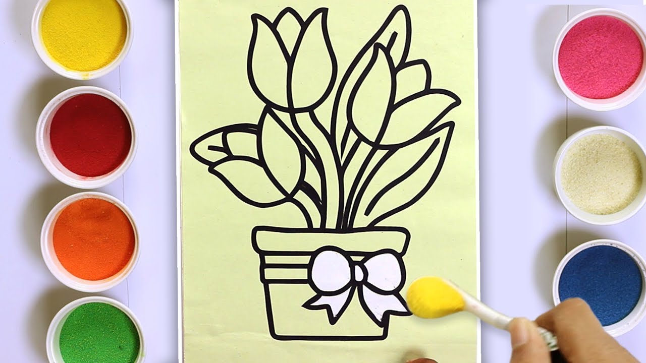 Colored Sand Painting Draws Flower Tree With Tub! Kinetic Sand Painting ...