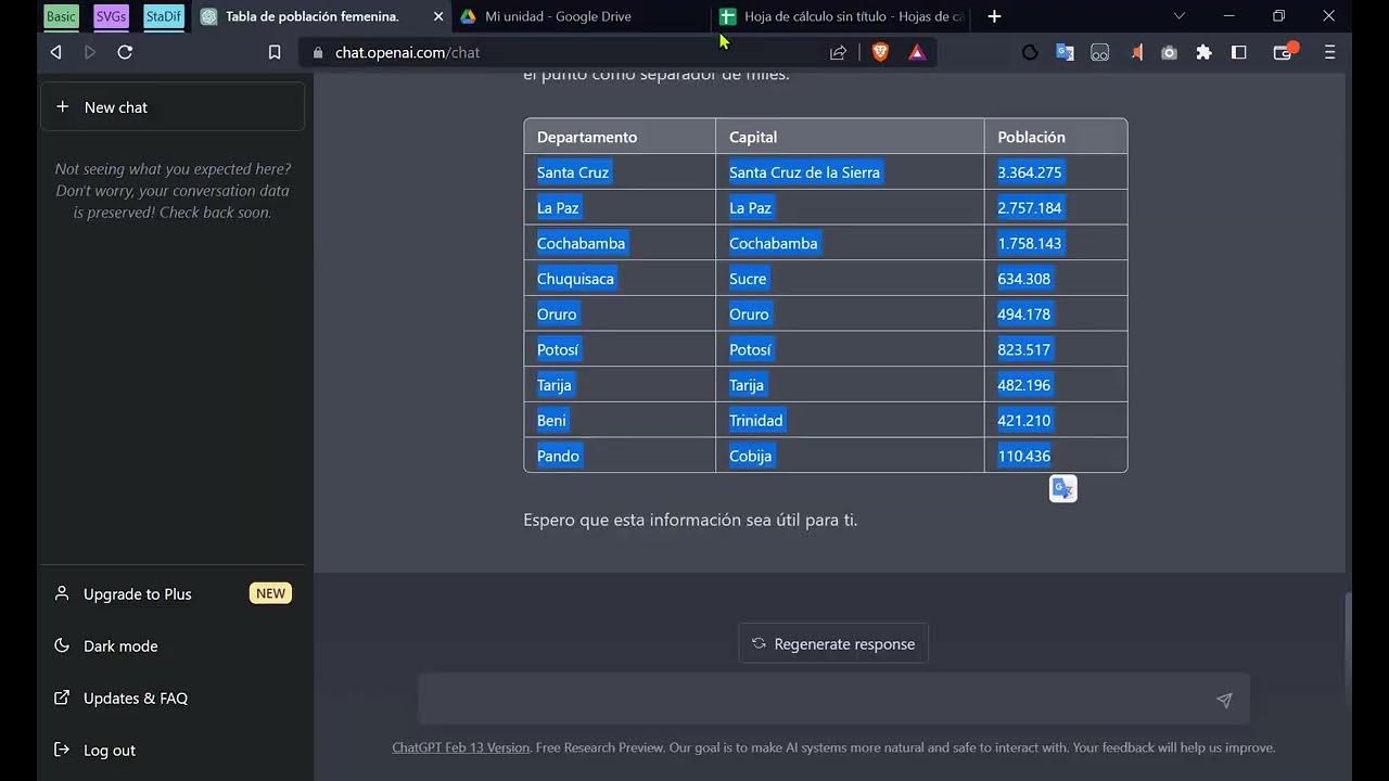Obtener tablas y datos estadísticos de chatGPT para Excel y para Google ...