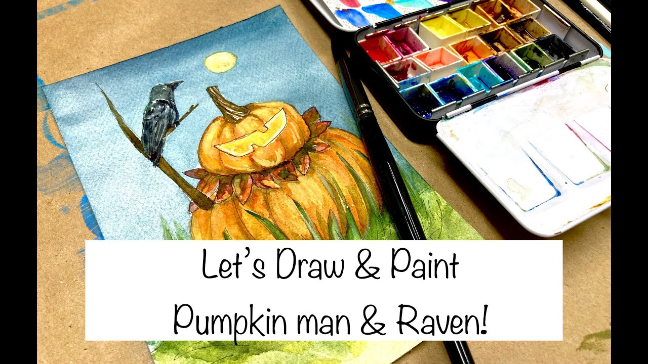 Cute Halloween Raven and Pumpkin Art! Let's Draw and Paint Live - YouTube