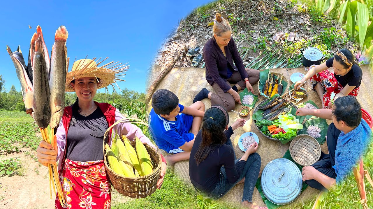 Fresh Shiny day! Cooking Grilled Fish, Yellow Corn with spicy tamarind ...