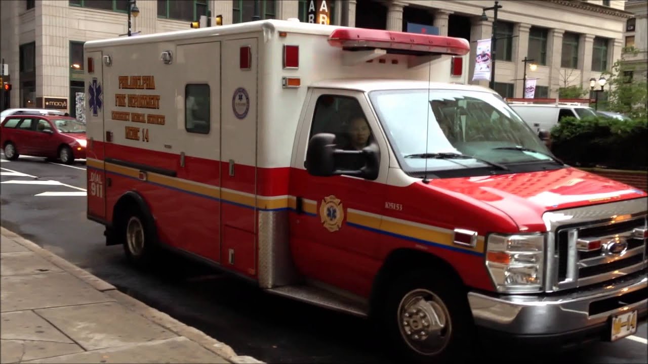 PHILADELPHIA FIRE DEPARTMENT MEDIC 14 EMS AMBULANCE IN DOWNTOWN ...