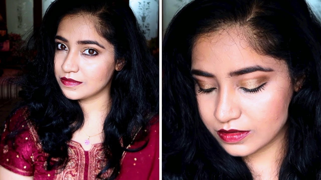 Indian Festive Makeup Tutorial | Golden Eyes with Bold Lips | Step by ...