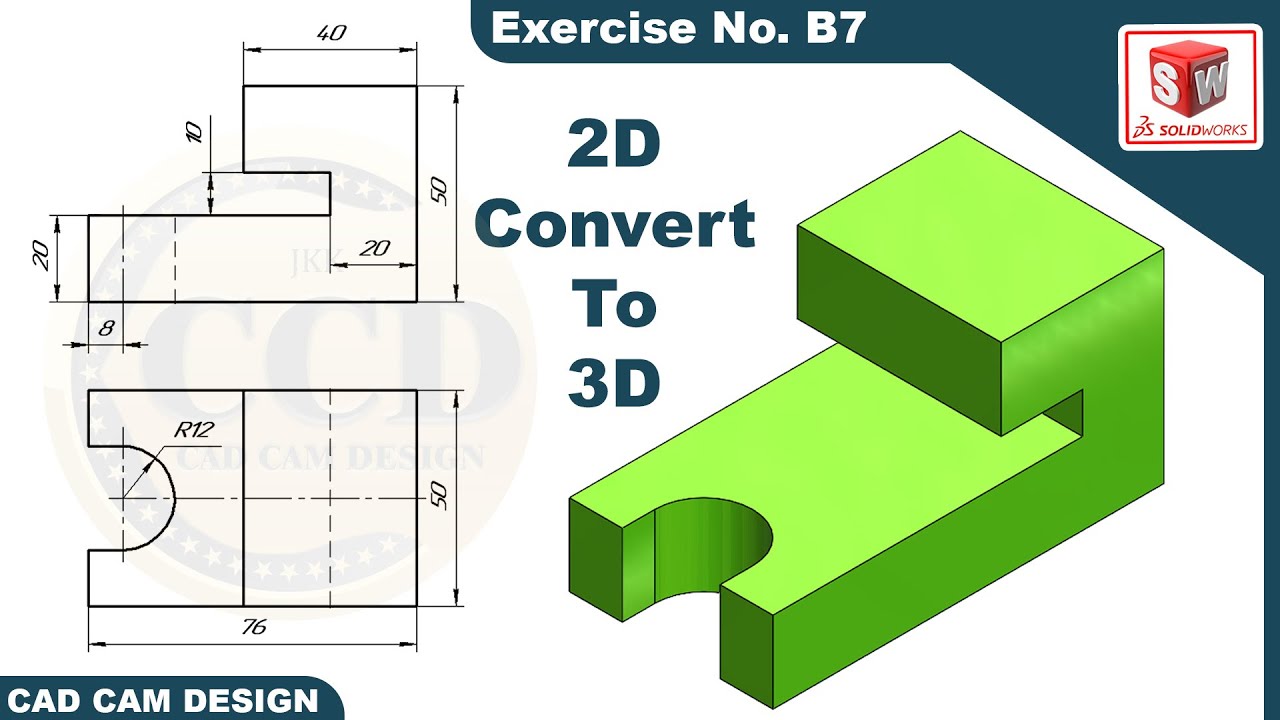 SolidWorks 2D drawing to 3D Model Tutorial Exercise B7 - YouTube