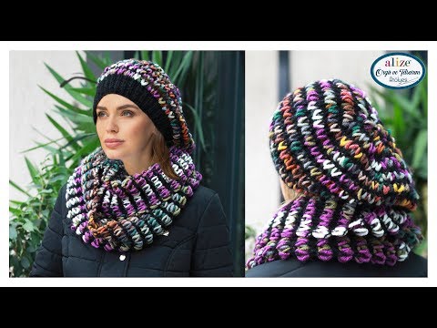 Trend Bere Boyunluk - Trendy Beret and Cowl w/ Alize Angora Gold & Superlana Maxi Multi Color