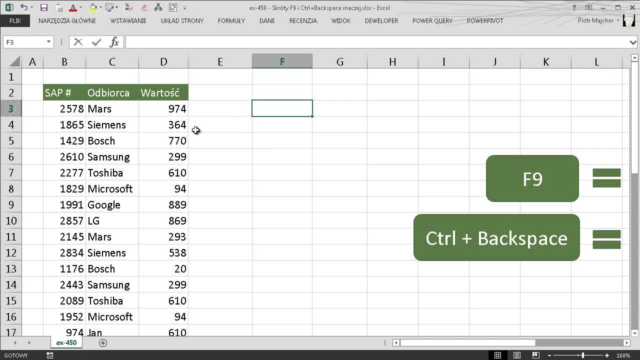 excel-450 - Skróty F9 i Ctrl+Backspace inaczej - YouTube