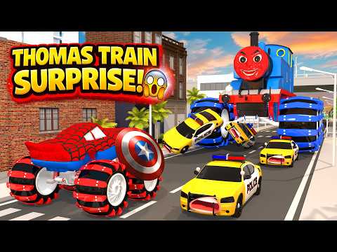 Heros Power Red Spider & Police VS Thomas Train Giant Truck – Nobody Expected This Ending
