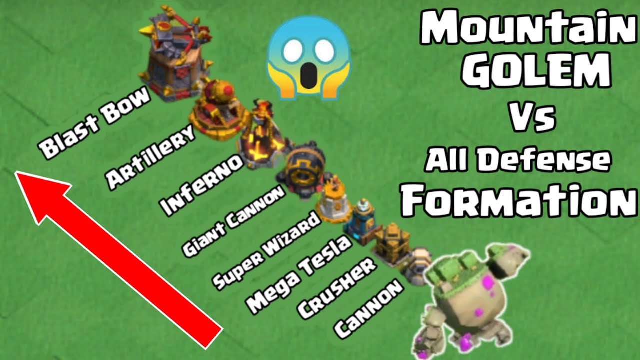 Mountain Golem Vs All Defense Formation🔥🔥.level 1 Defense and max level ...