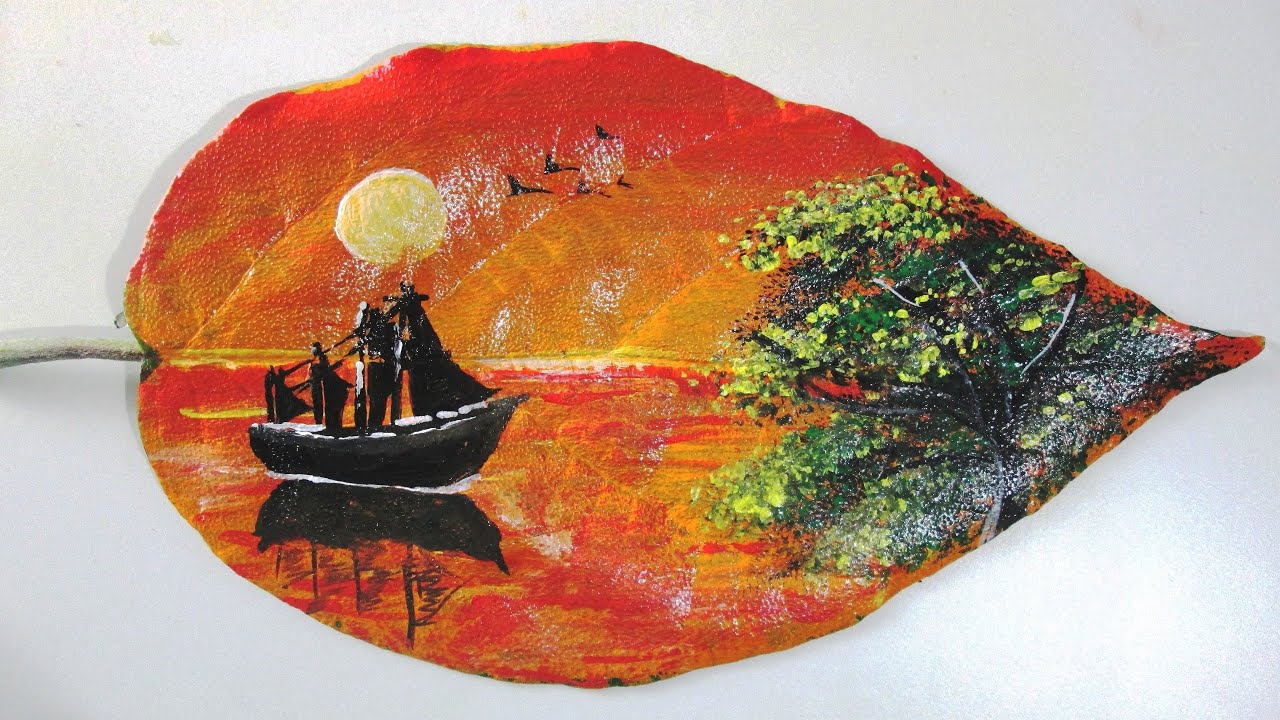Leaf Painting | Acrylic painting of Scenery on a leaf |how to paint on ...