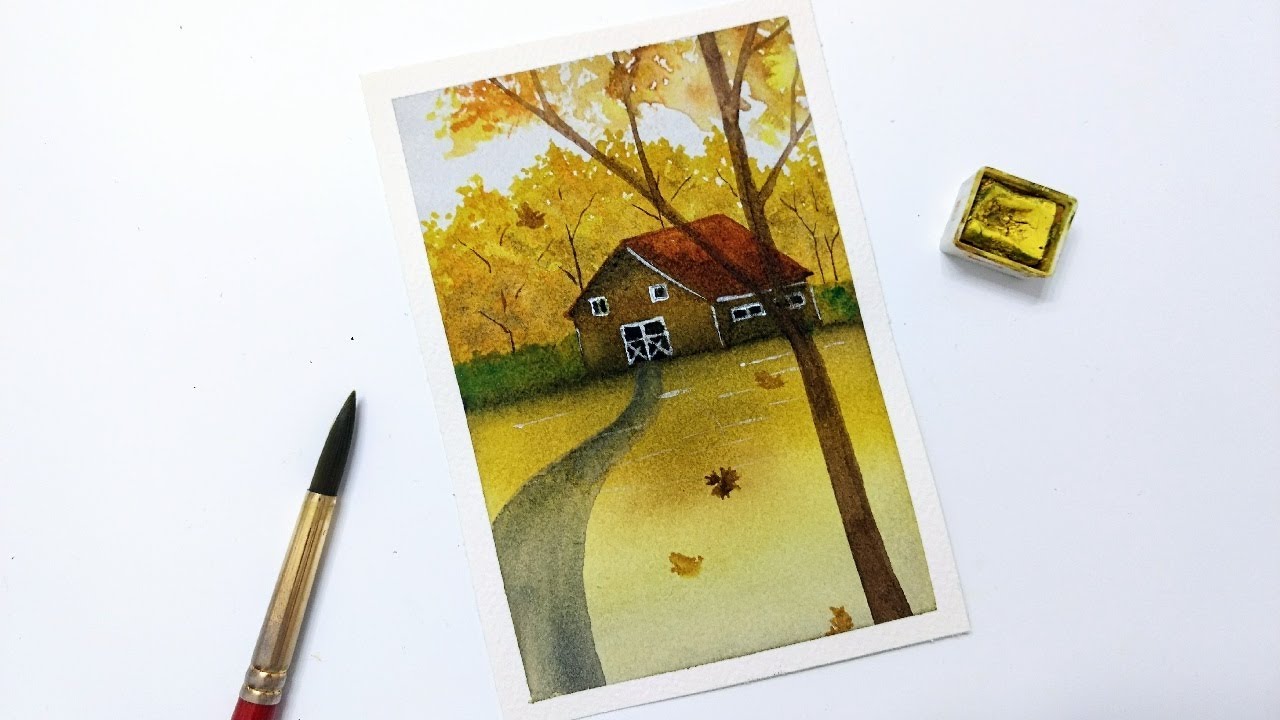 Step by step watercolor autumn cabin painting tutorial » How to paint a ...