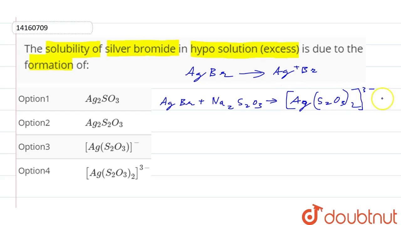The solubility of silver bromide in hypo solution (excess) is due to ...