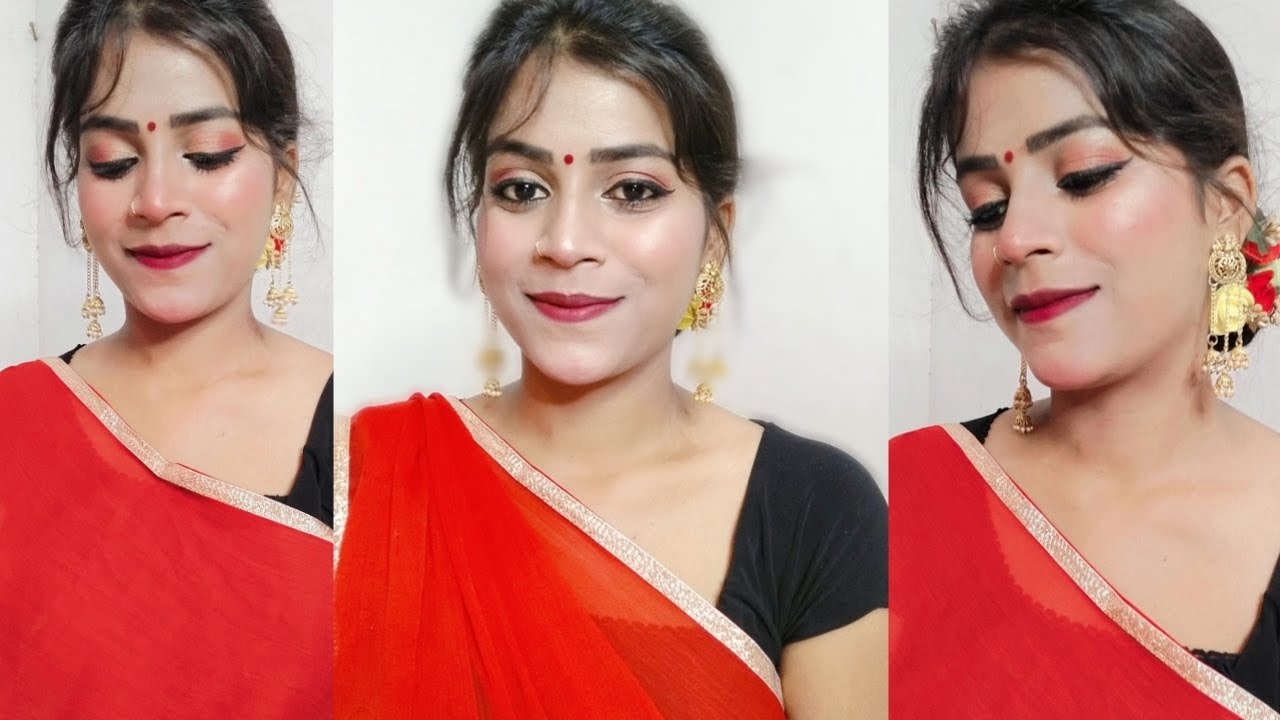 Simple Traditional Makeup Look || With Red Saree || Indian Fastival ...