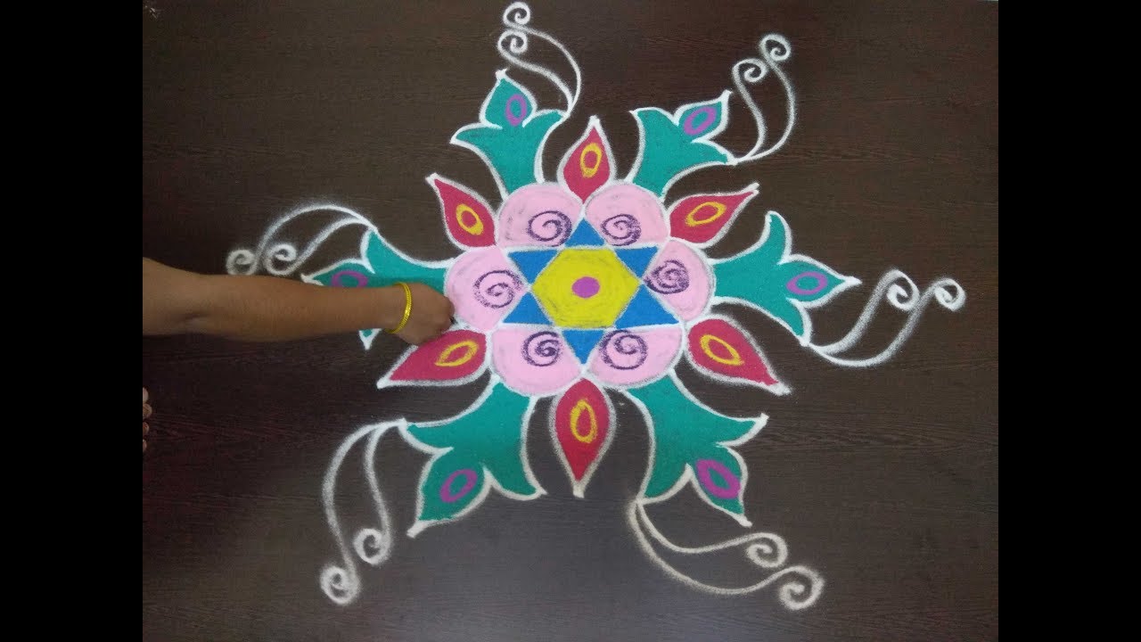 Handfree Rangoli Designs with attractive colouring || without dots ...