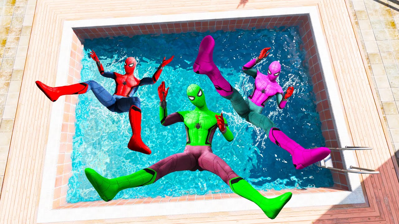 GTA 5 Rainbow Red Vs Green & Pink Spiderman Jumping Into Pool (Euphoria ...