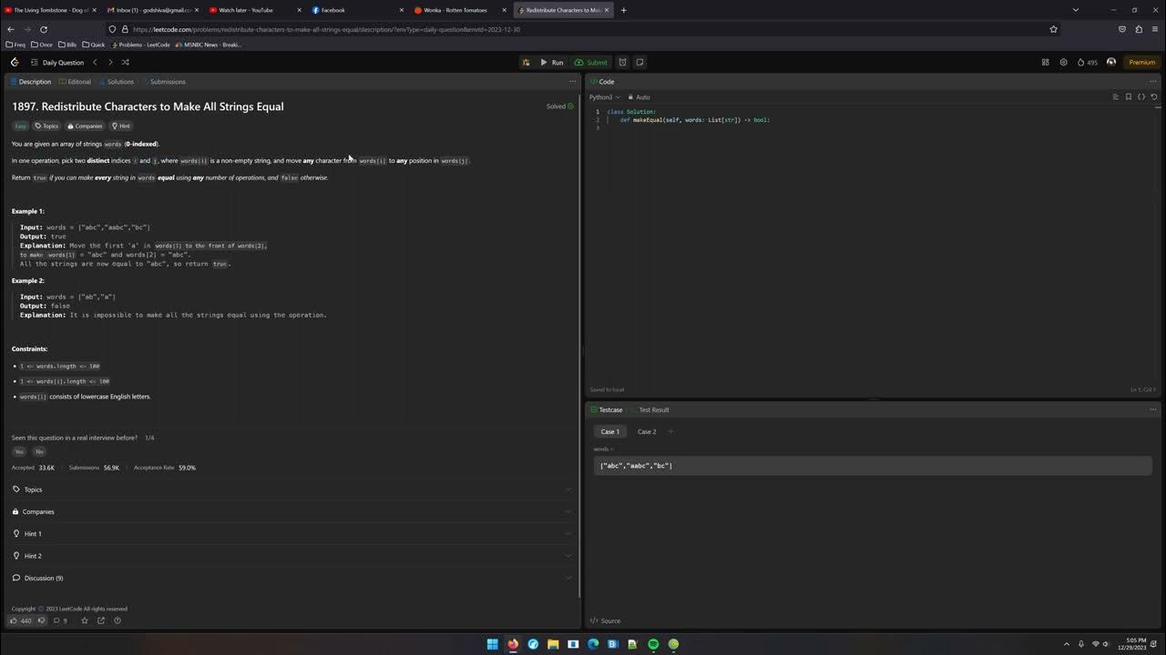 Leetcode 1897 Redistribute Characters To Make All Strings Equal Youtube