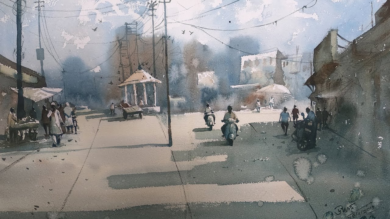 Watercolor landscape painting of Bhagat Singh Chowk Saharanpur ...