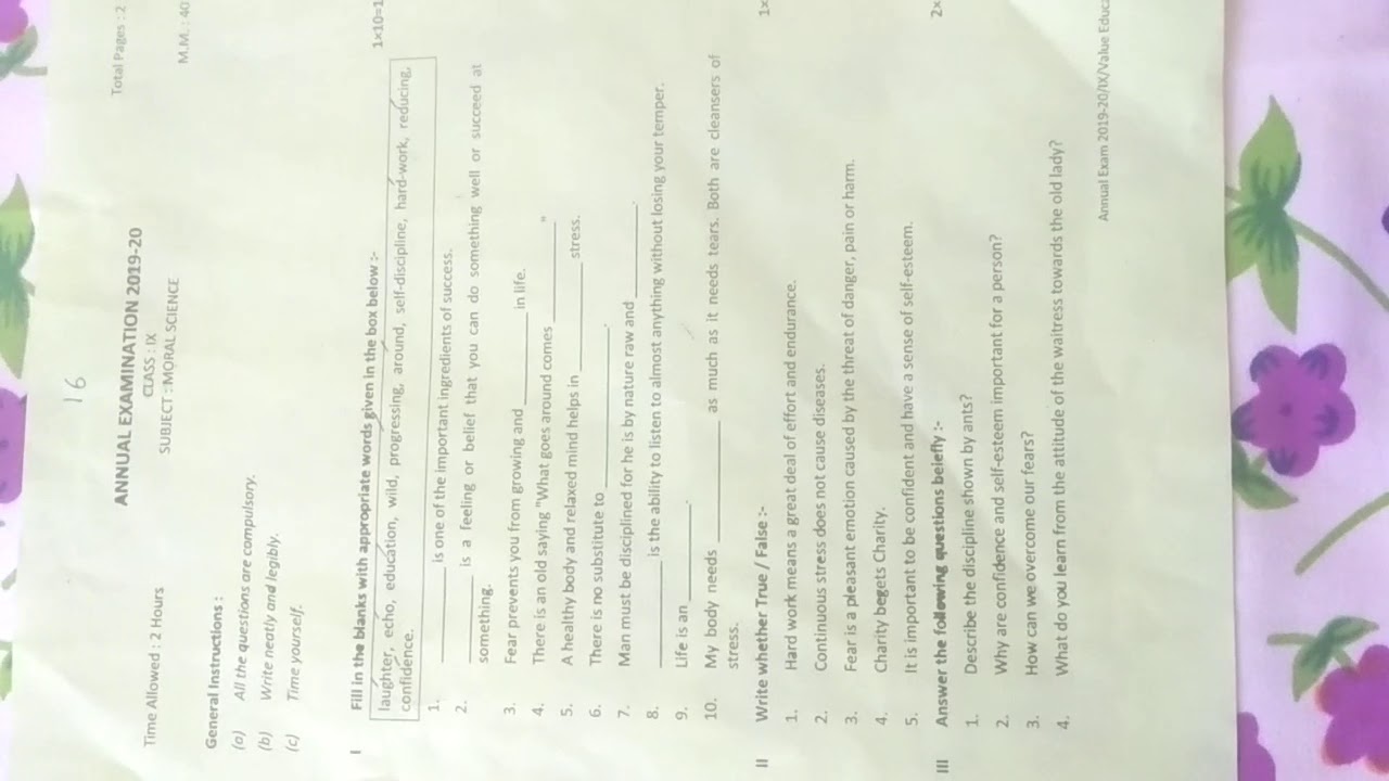 Moral science class 9 paper annual 2020 - YouTube