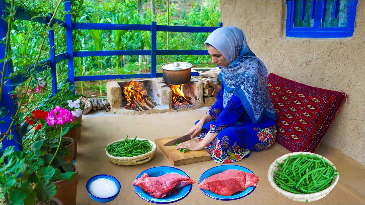 Rural Cooking in Iran : Delicious Recipe for Beef and Green Beans - YouTube