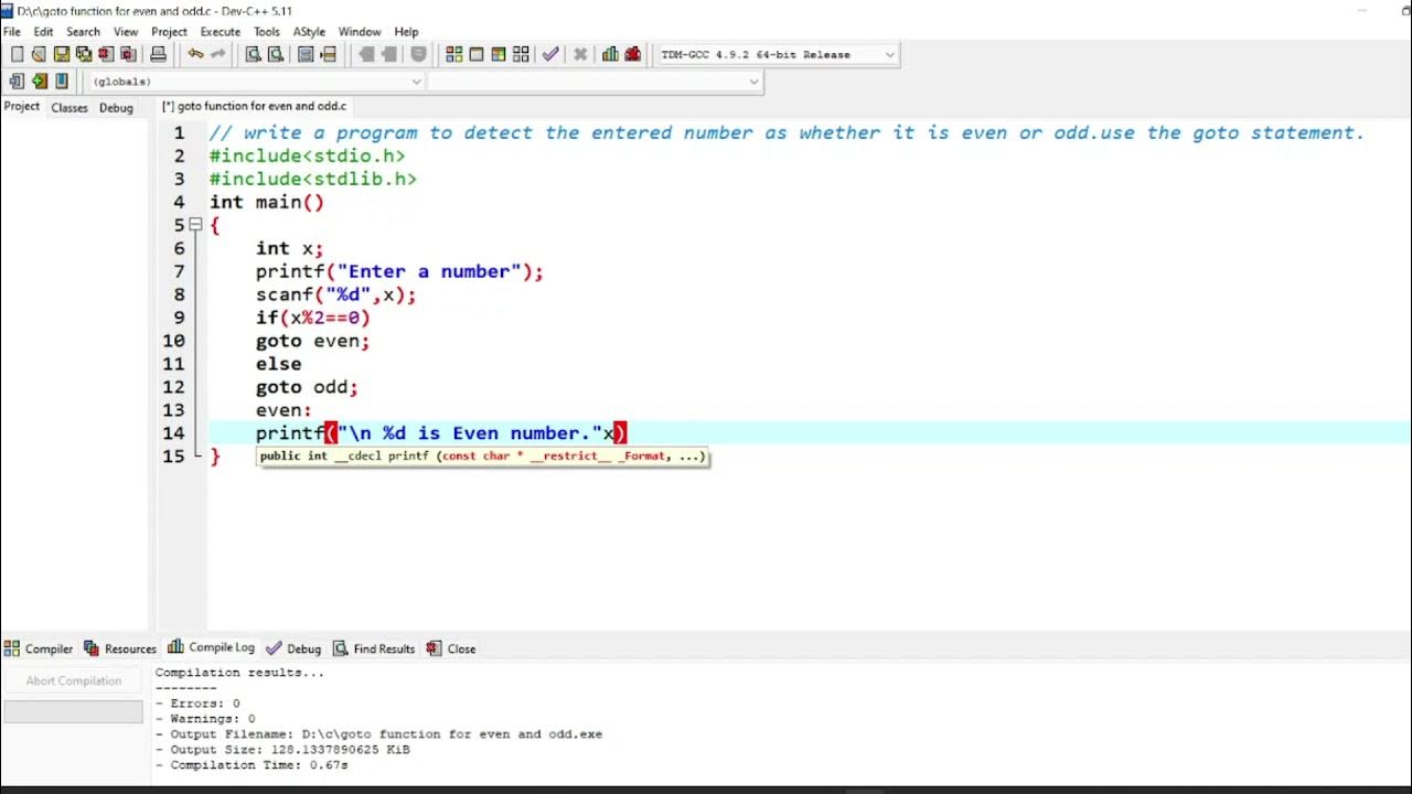 Detect the entered number as even or odd by goto function (basic) in c ...