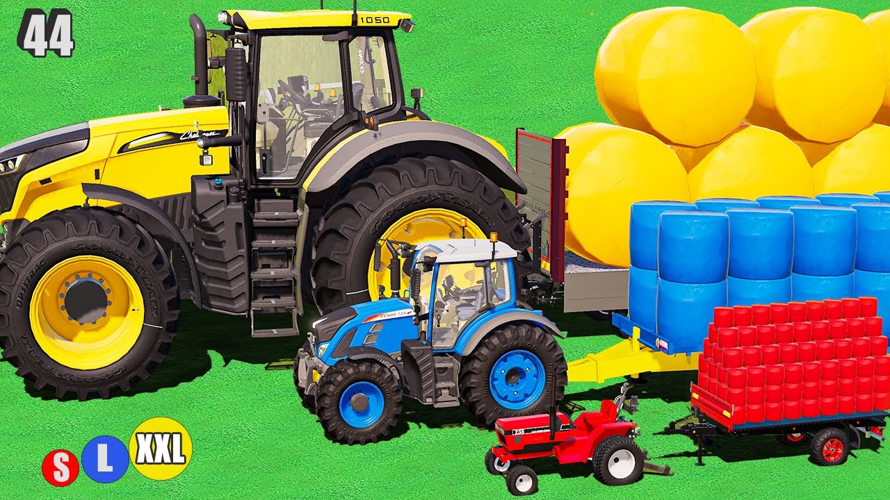 TRANSPORTING & HARVESTING COLORED BALES w/ MINI & GIANT TRACTORS ...