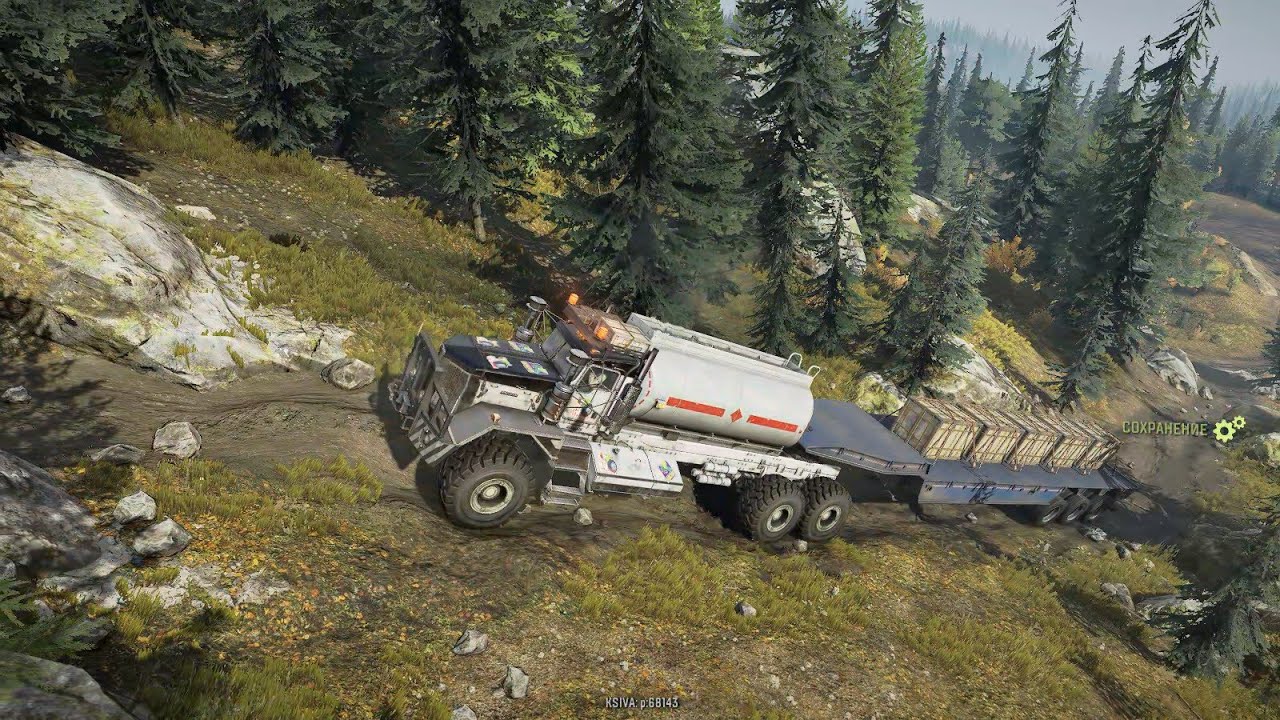 SnowRunner KW963 - a very hard climb (3-axle flatbed, 5 service spare ...