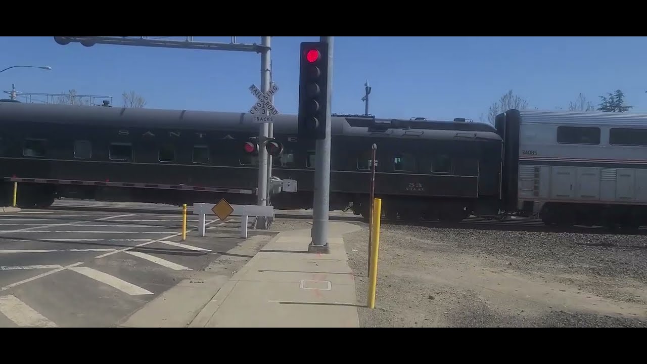 Amtrak 205 leads AMTK 5 with a Santa Fe private car in Roseville, CA ...