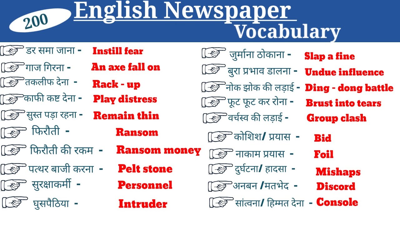 200 NEWSPAPER Words lesson - 2 With Hindi meaning|| NEWSPAPER ...