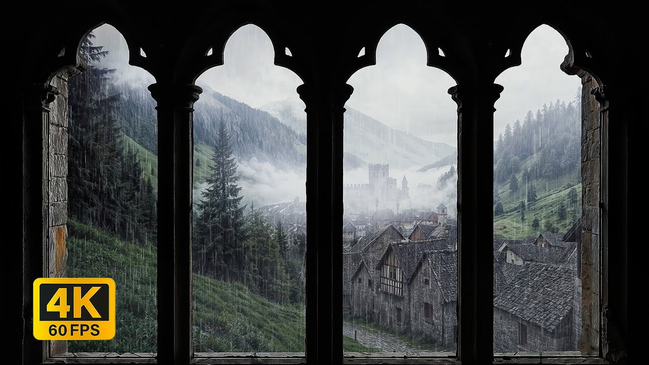 4K Rainy Medieval Castle Window View - Cozy Thunderstorm Sounds ...