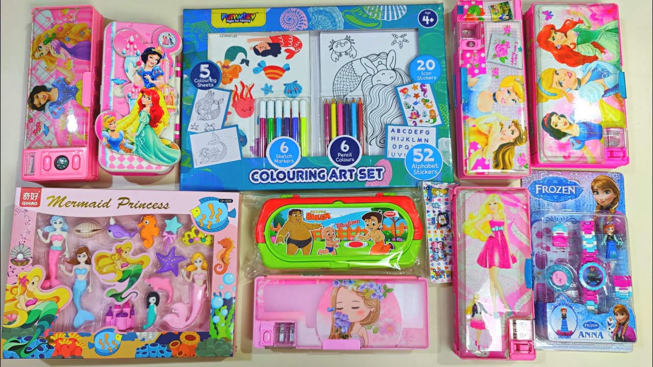 unboxing collection of pencil case, eraser set, 360 rotate watch ...