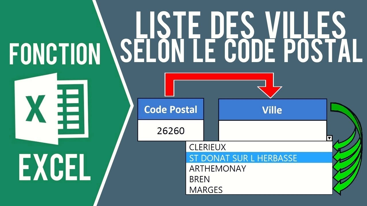 EXCEL - LISTE DÉROULANTE DES VILLES SELON LE CODE POSTAL SAISI - YouTube