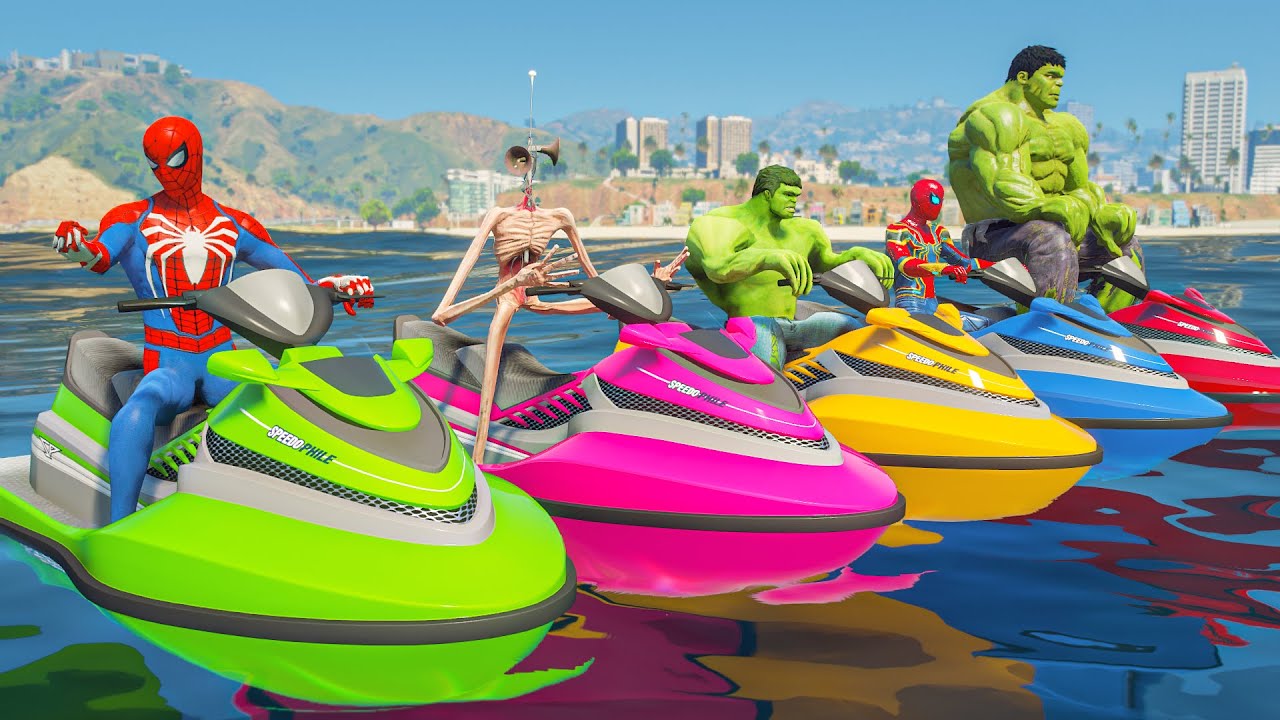 SpiderMan Team, Siren Head Vs HULK Army Jet Ski Water Jump Challenge ...