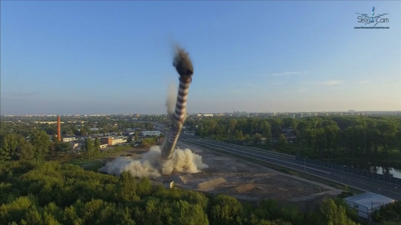 Huge explosion: 140m-high chimney detonated in Poland - YouTube