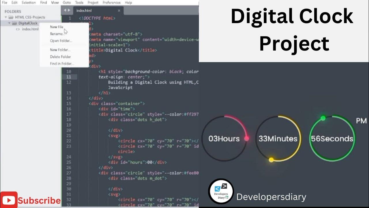 Digital Clock Project | HTML CSS JavaScript | Developers dairy - YouTube