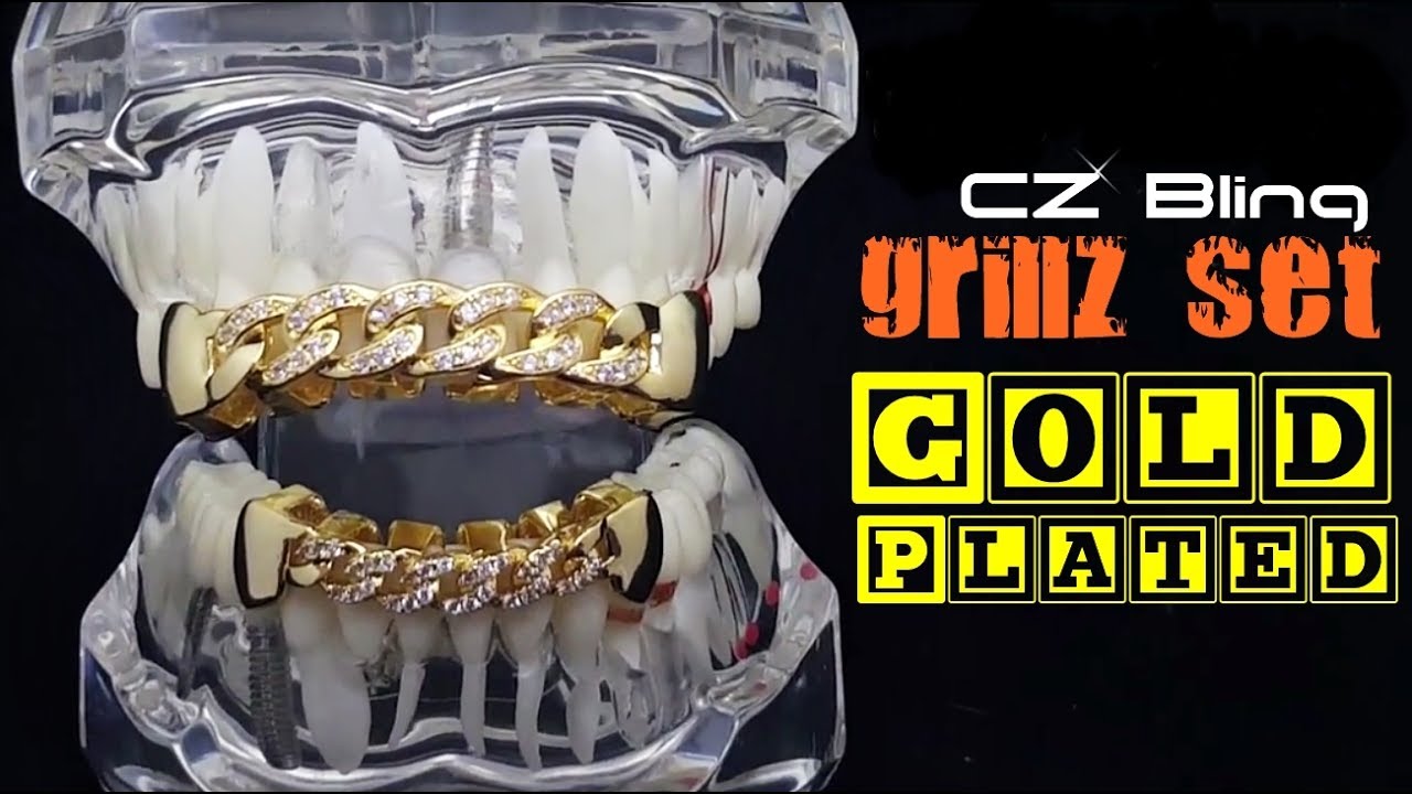 CZ Grillz 14k Gold Plated Bling Grills Set - YouTube