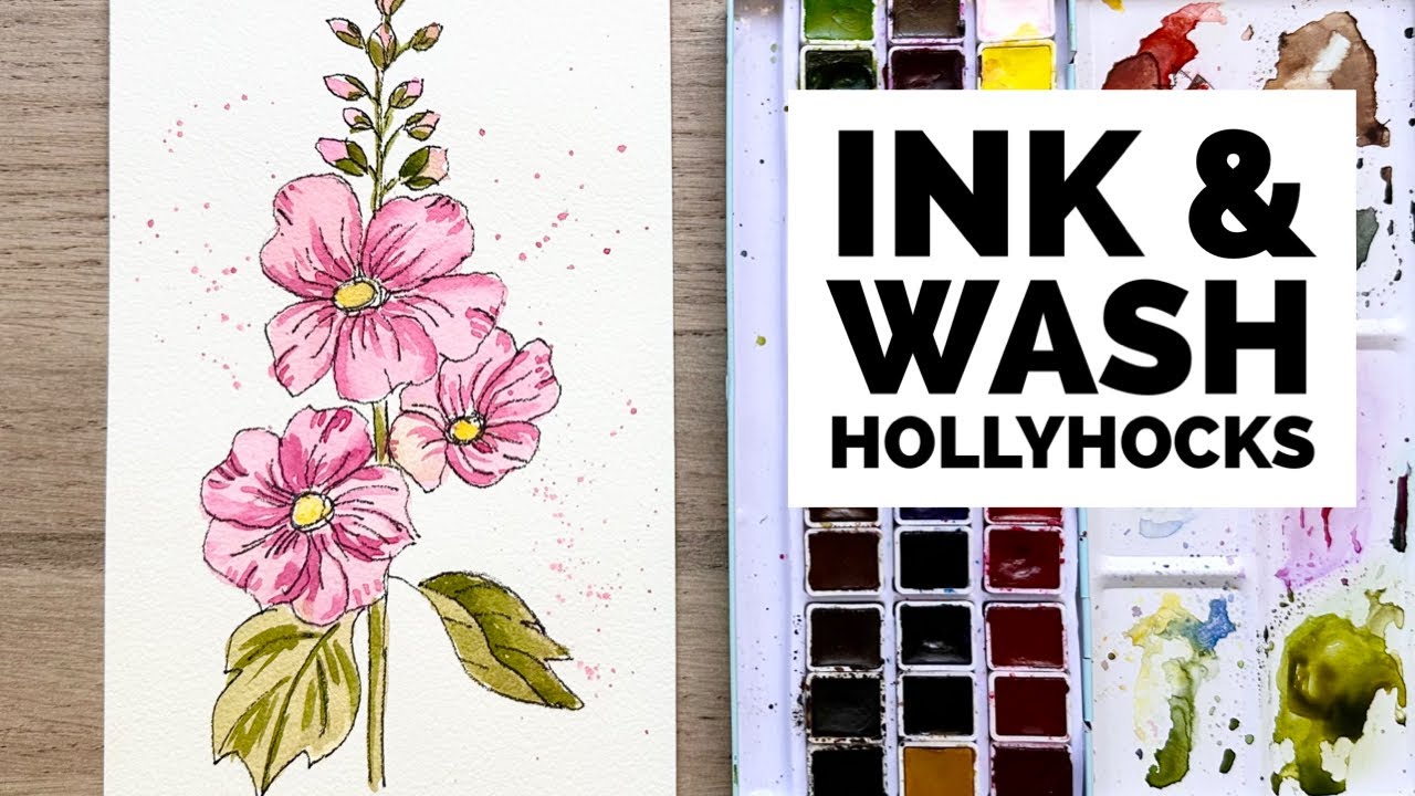 Ink and wash to paint pink watercolor hollyhocks - YouTube