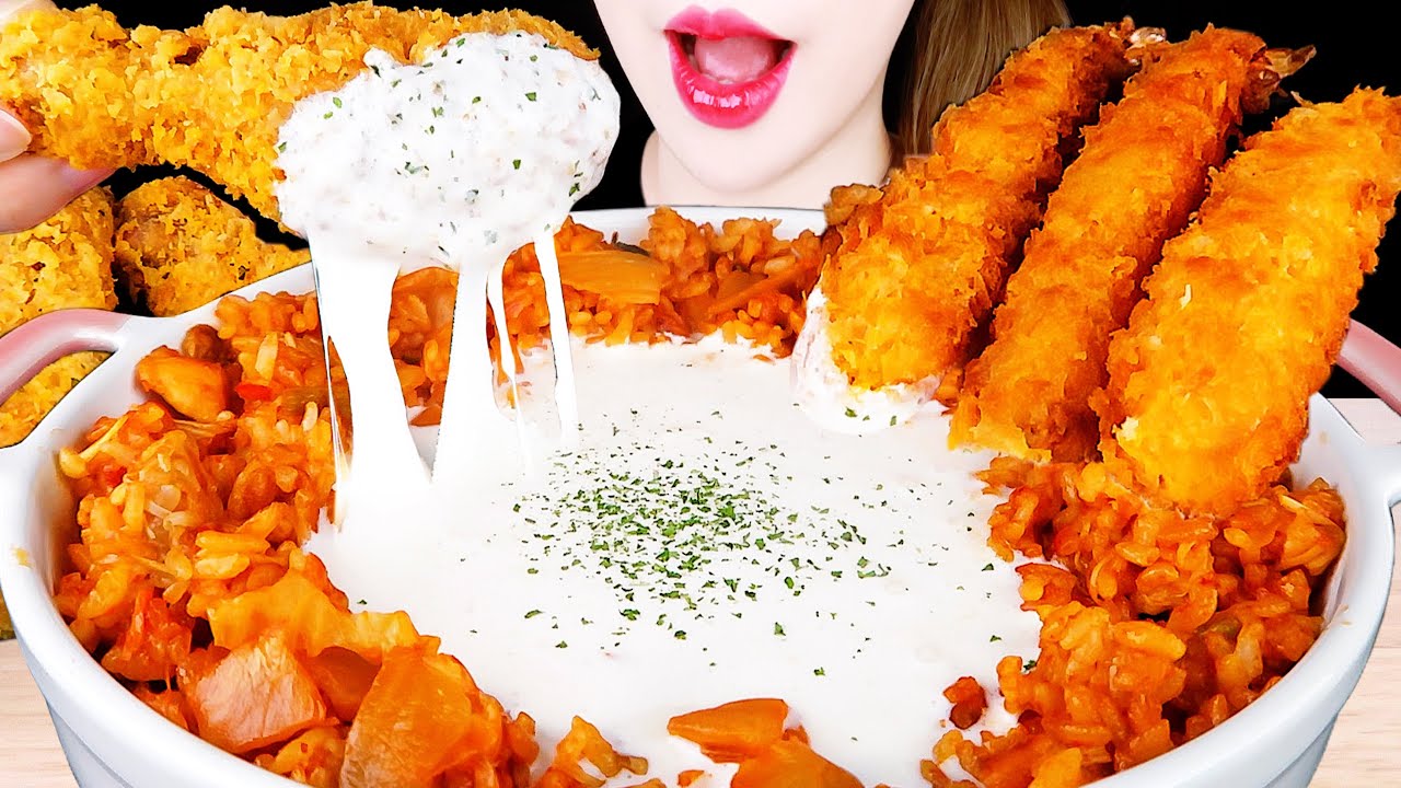 ASMR CREAM CHEESY FIRE KIMCHI FRIED RICE, FRIED CHICKEN, FRIED SHRIMP ...