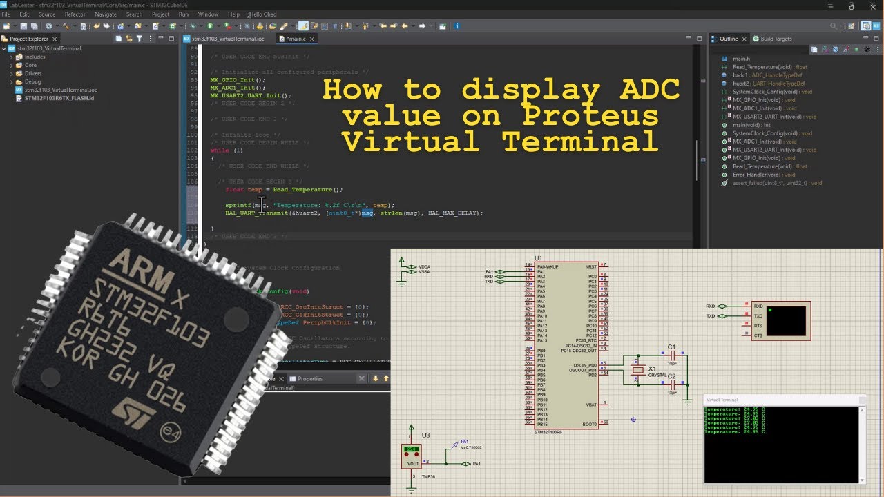 STM32F103R6 ADC Conversion Proteus Virtual Terminal - YouTube