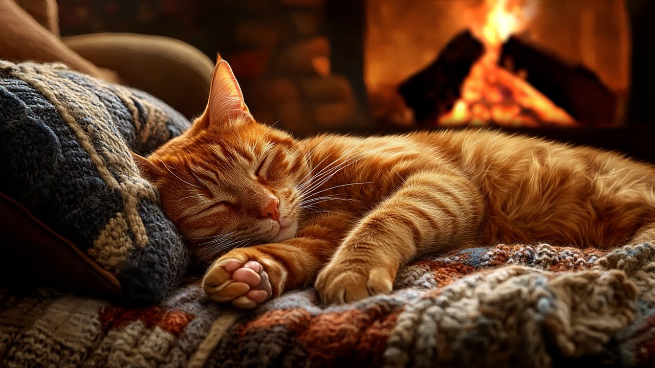 Warm Ambience 🔥 Purring Ginger Cat Napping Near Crackling Fire - YouTube