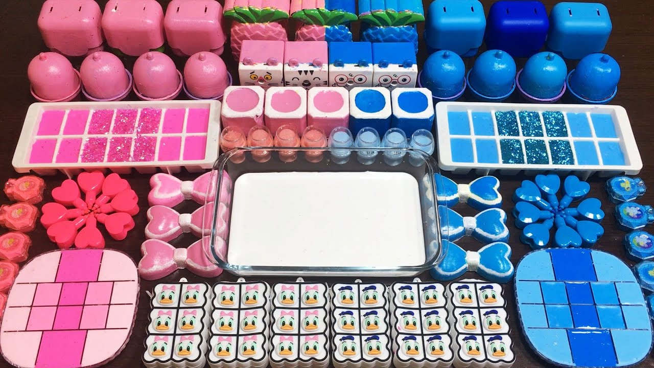 PINK VS BLUE SLIME ! Mixing Random Things into GLOSSY Slime ...