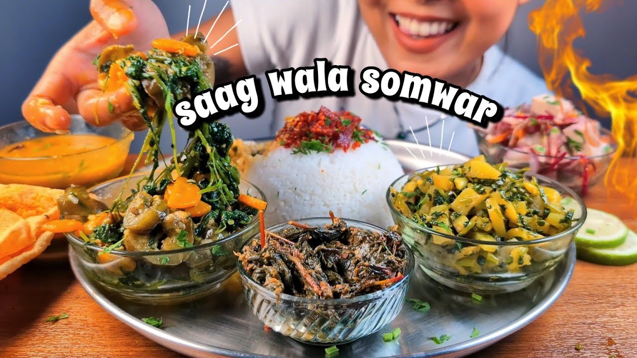 COOKING & EATING THREE TYPES OF SAAG WITH DAAL & PROTEIN SALAD | PALAK ...