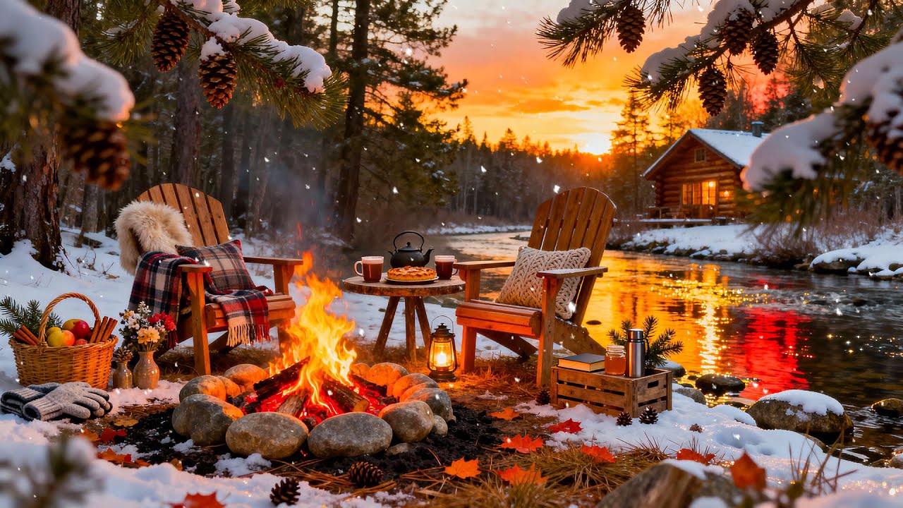 ️ Gentle Winter Campfire Riverside 🔥 Crackling Fire, Snowfall & Calm ...