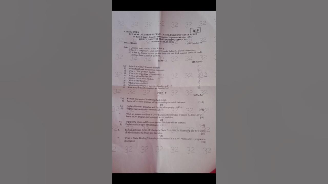 B-TECH JNTUH| R18 | OOPS C++ |QUESTION PAPER #jntuhexampaper - YouTube