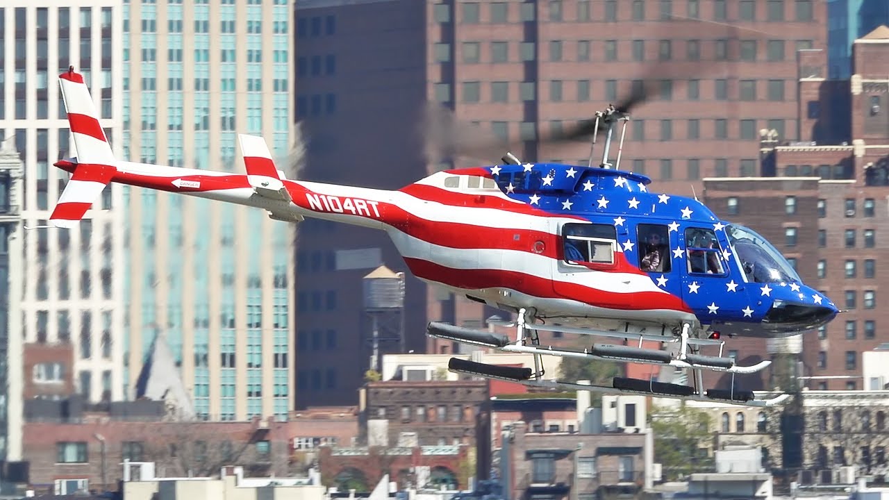 Bell 206 L-3 Long Ranger III helicopter landing & take off at New York ...
