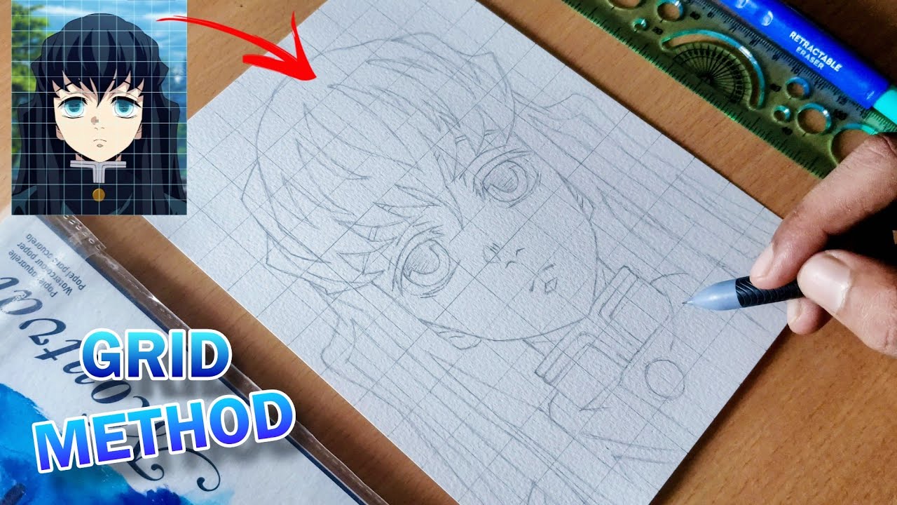 How to draw Tokito Mouichiro by using grid method | outline tutorial # ...