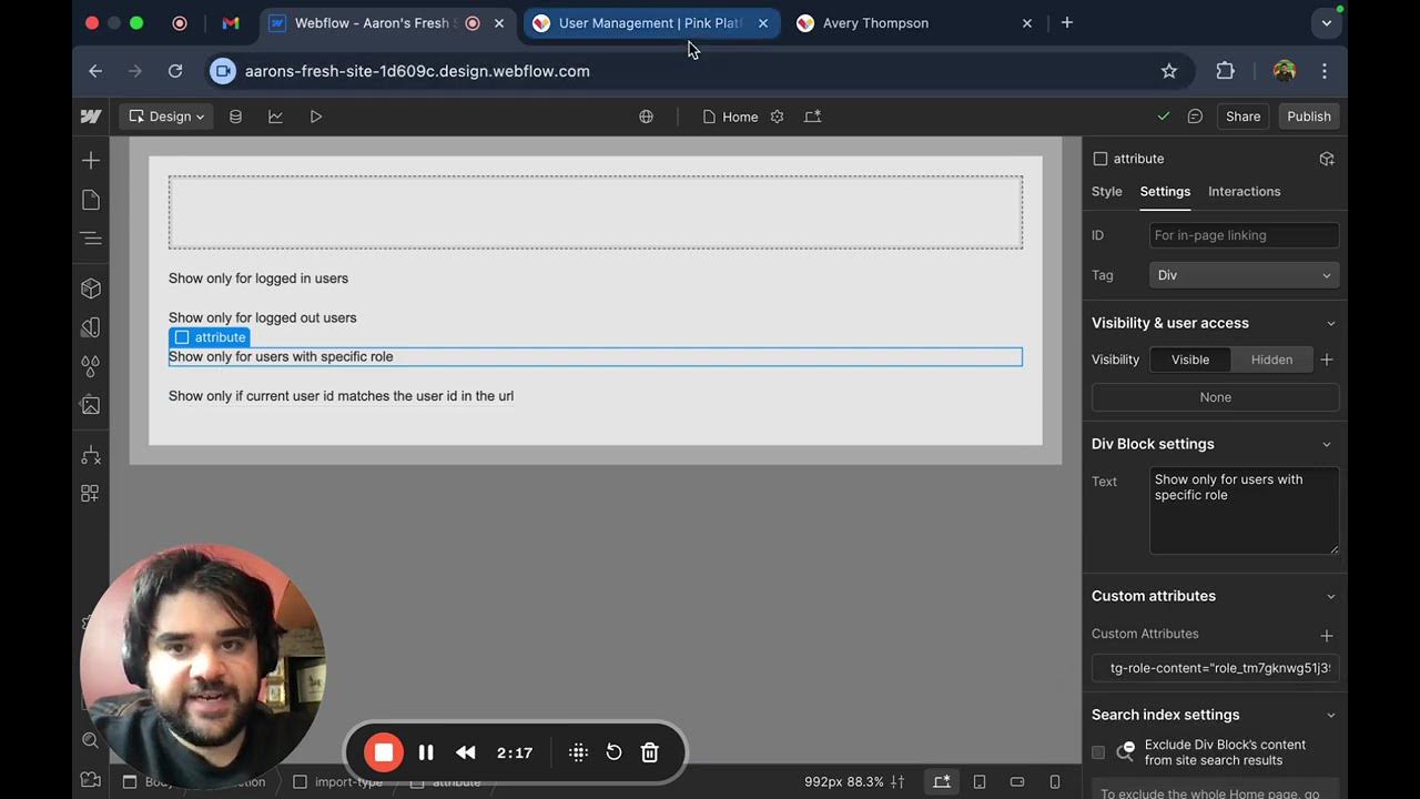 How to hide / show elements based on who is viewing a page in Webflow with Tangram - YouTube